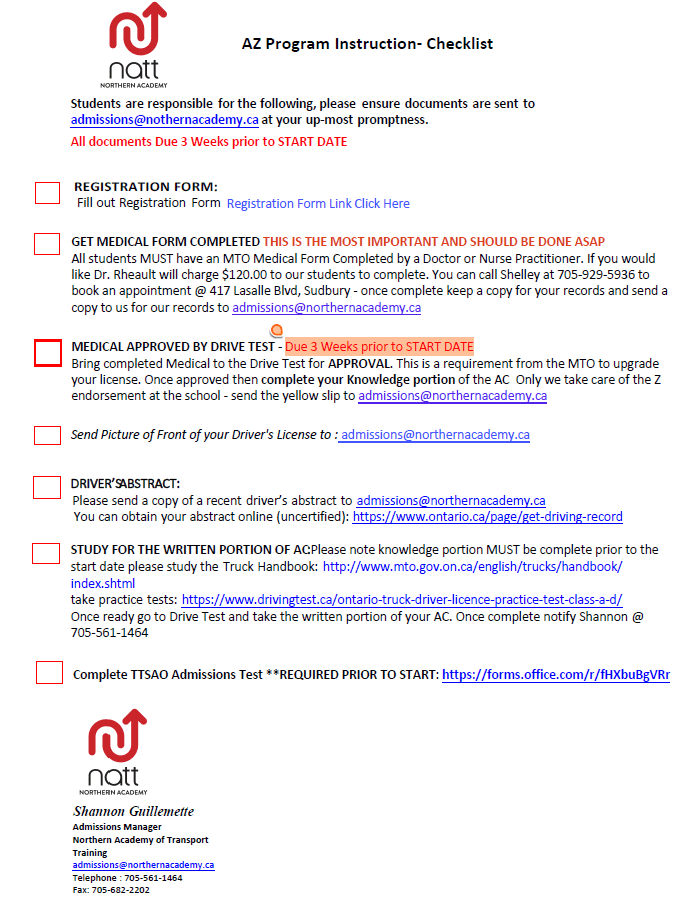 AZ Tractor Trailer Melt Program Student Requirements - NATT Northern ...